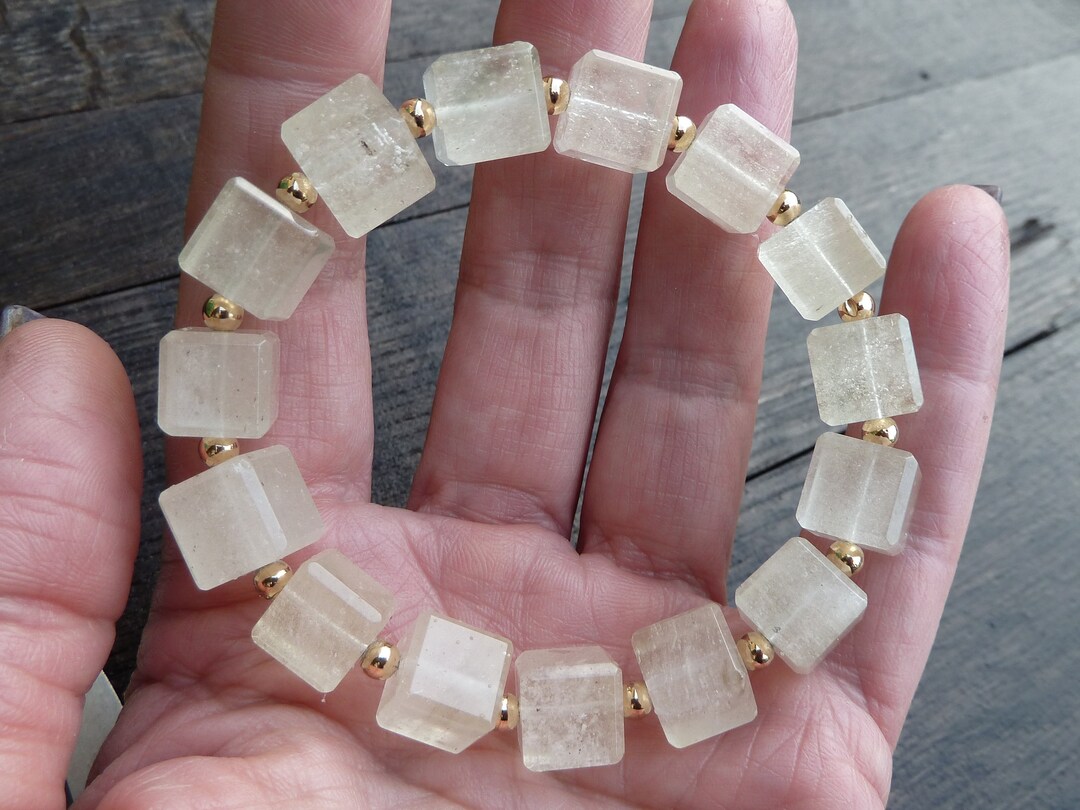 Libyan Desert Glass Bracelet 10mm Square Cube Beads Stretch Gemstone Natural Genuine Clear ...