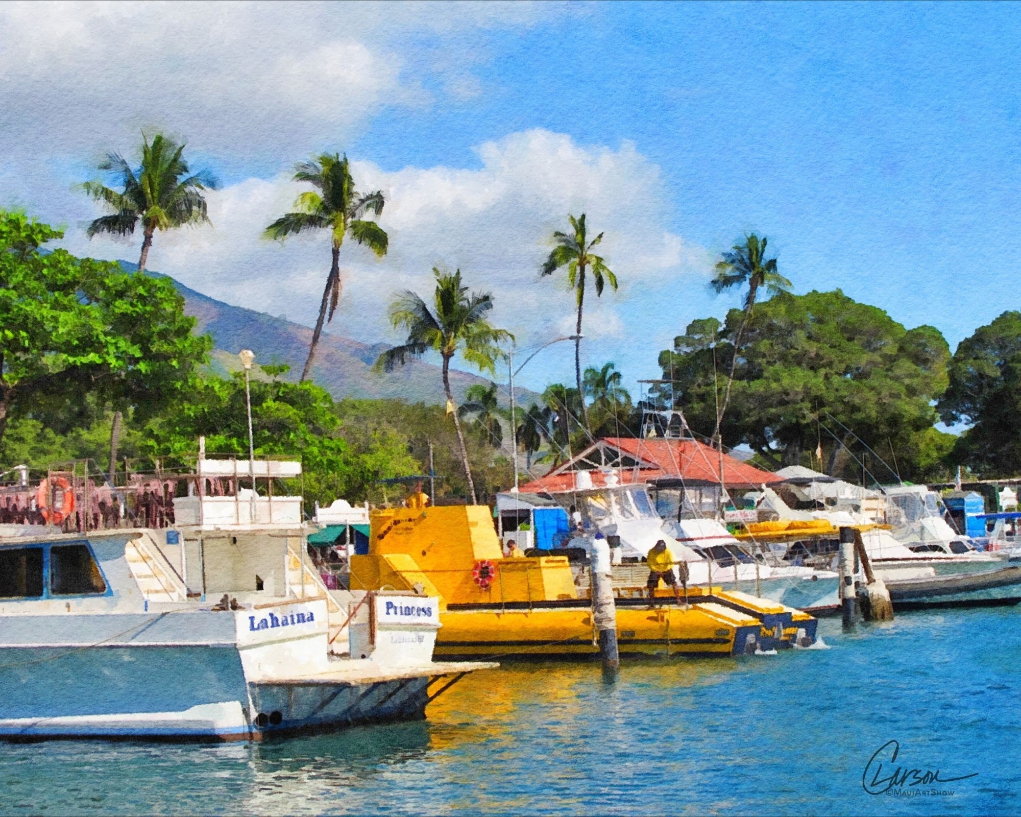 LAHAINA BOAT HARBOR - Lahaina Boats and Palm Trees in the Old Lahaina ...
