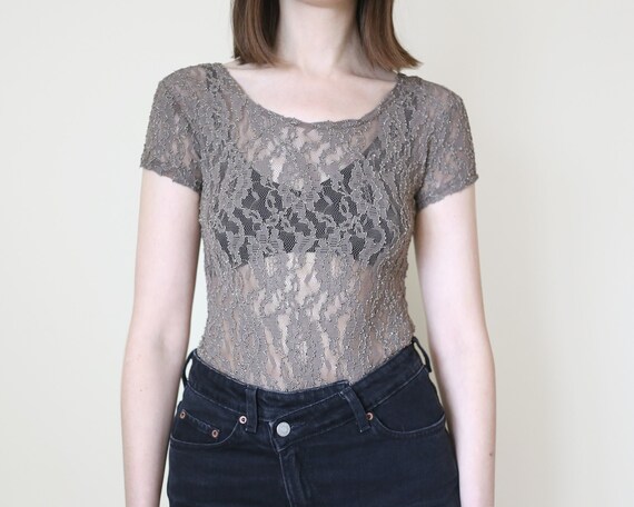 brown lace bodysuit, Y2k see through one piece, S-M - Gem