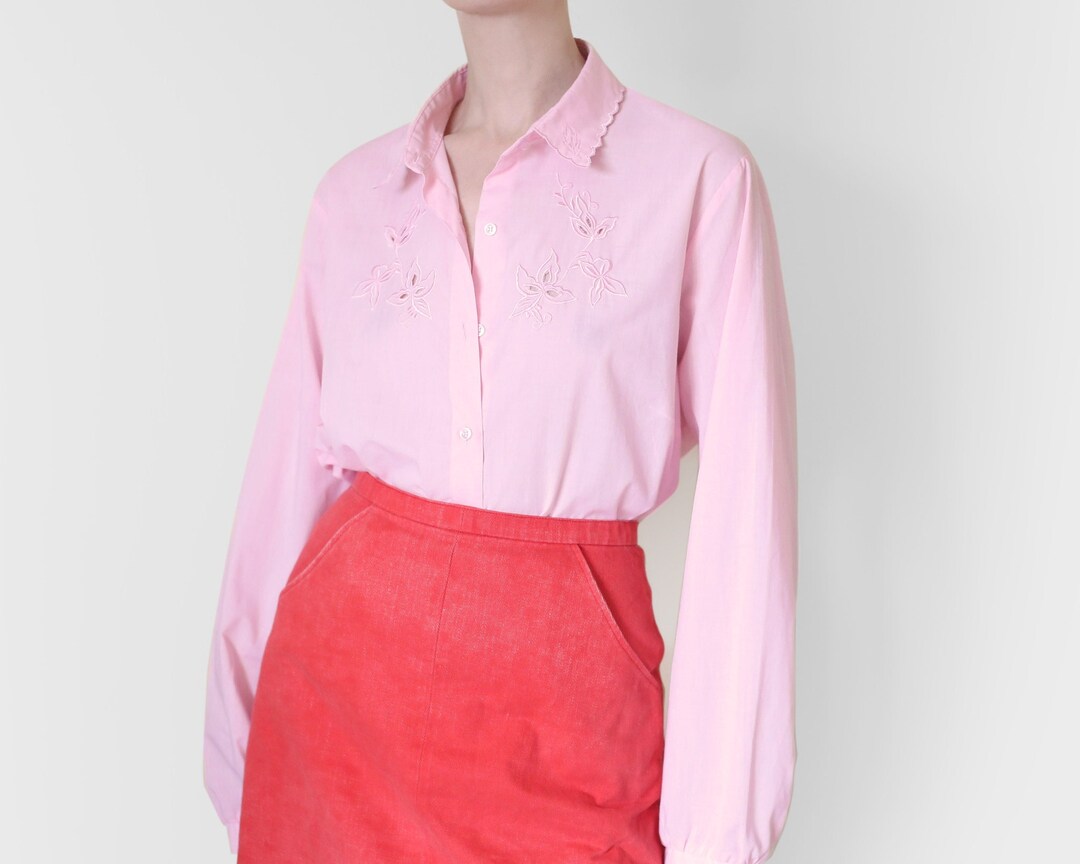 Embroidered Baby Pink Button up Blouse, M-L - Etsy