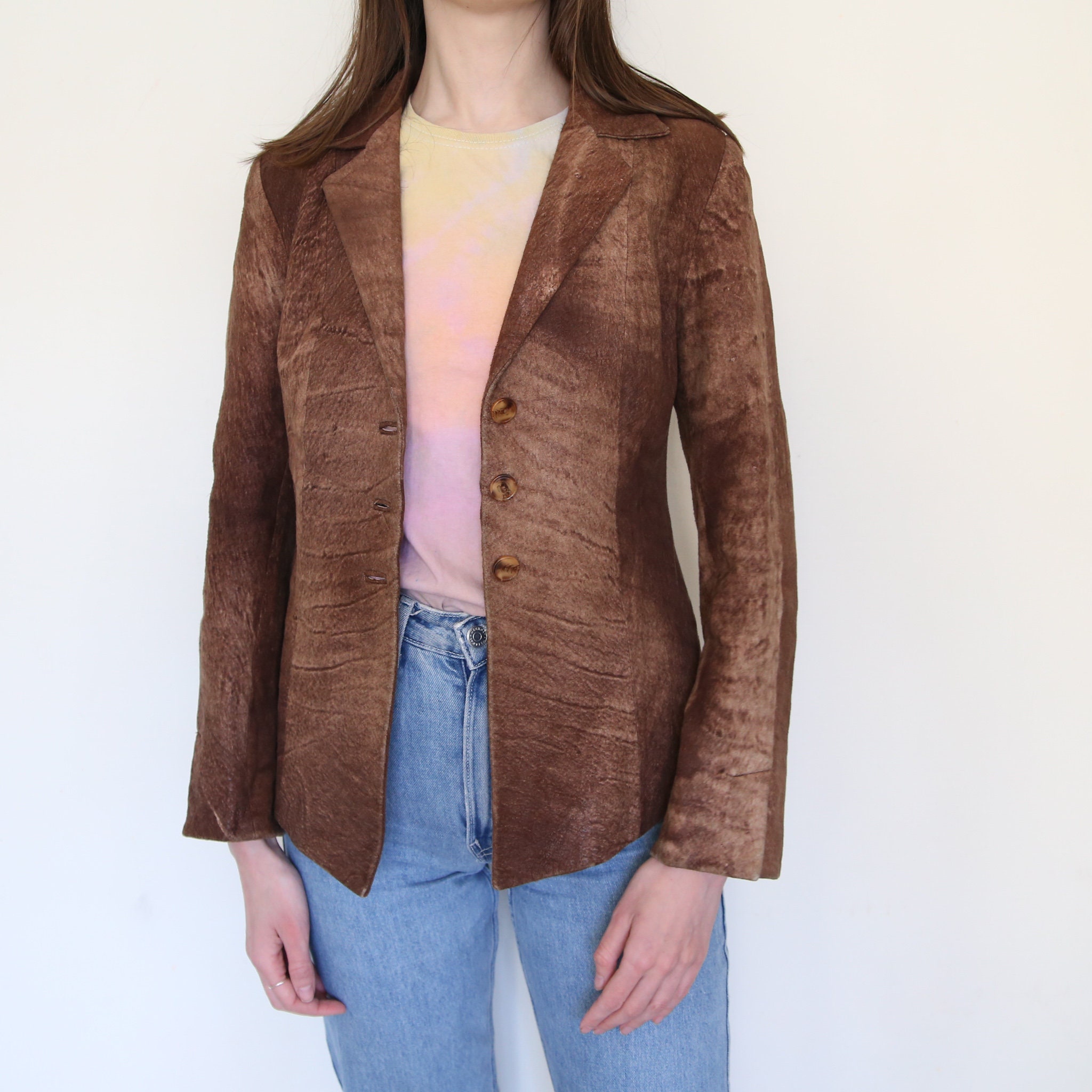 Fitted Leather Jacket, Brown Lined Blazer, XS-S - Etsy