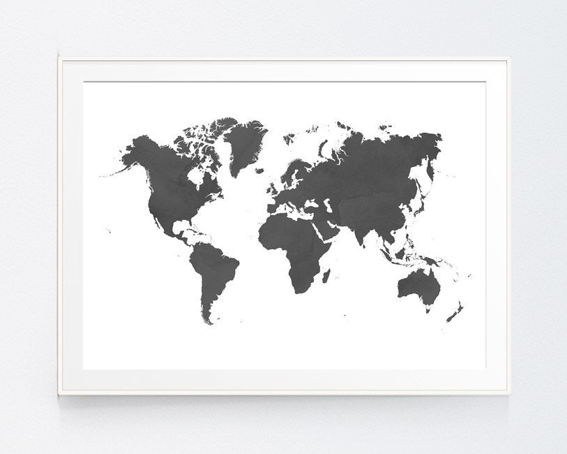 Grey World Map Art Printable Art Grey Wall Art Something - Etsy