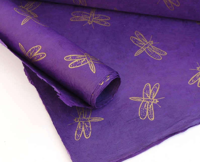 Lokta Wrapping Paper Gold Dragonfly on Purple Dye Hand Made | Etsy