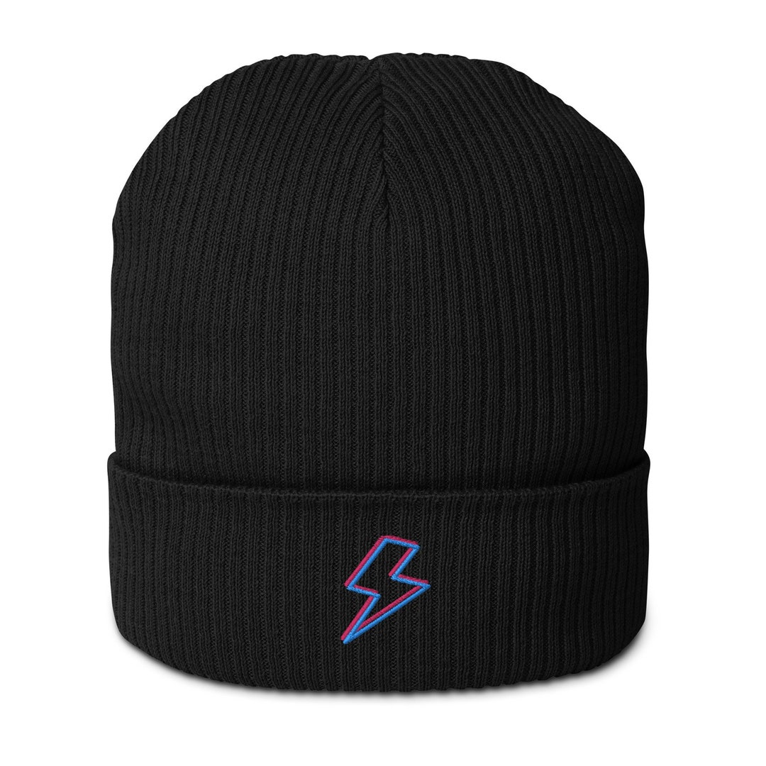 Embroidered Lightning Glitch Beanie. Organic Cotton. 3 Base Colours to ...