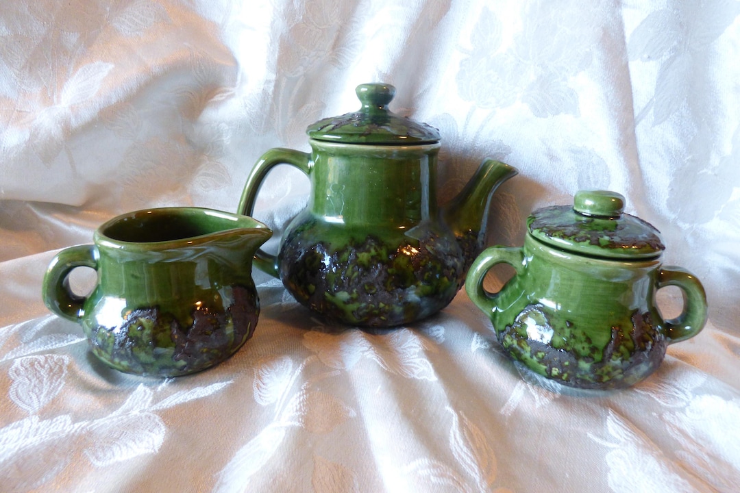 MCM Laurentian Black Lava Drip Pottery Teapot Cream Sugar Set Green ...