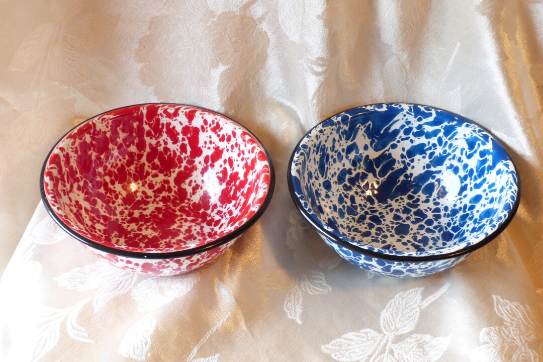 Vintage Blue & Red Spatter Metal Enamelware Bowls 6 Bowl Graniteware ...