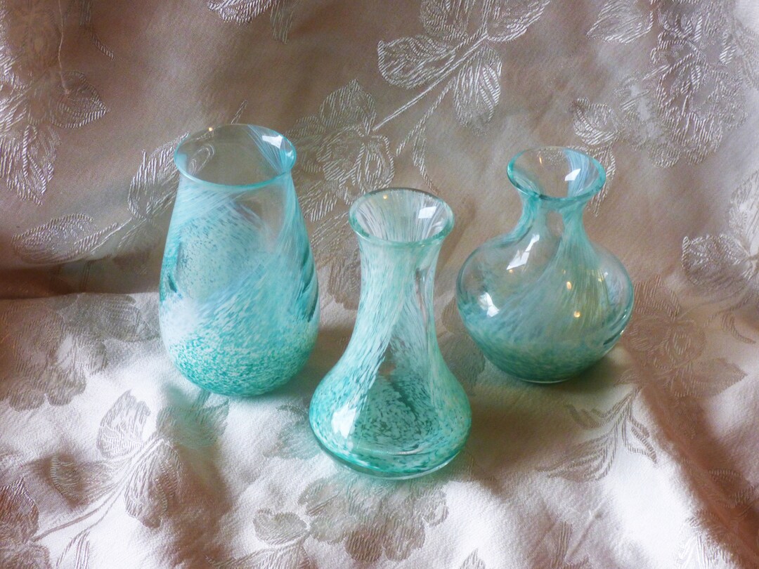 Set 3 - Art Glass Vases - Caithness - Turquoise/aqua, White Swirl ...