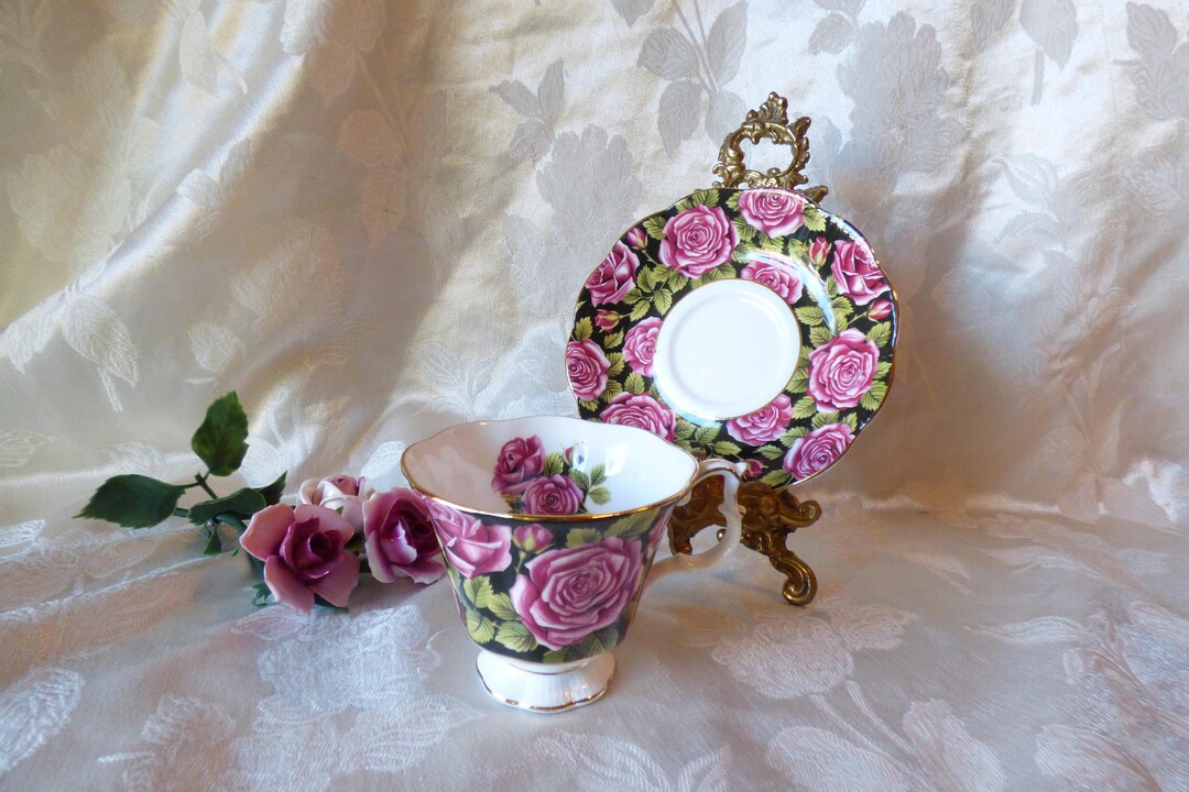 Royal Albert June Tea Cup: Magenta Roses, Black Background - Etsy