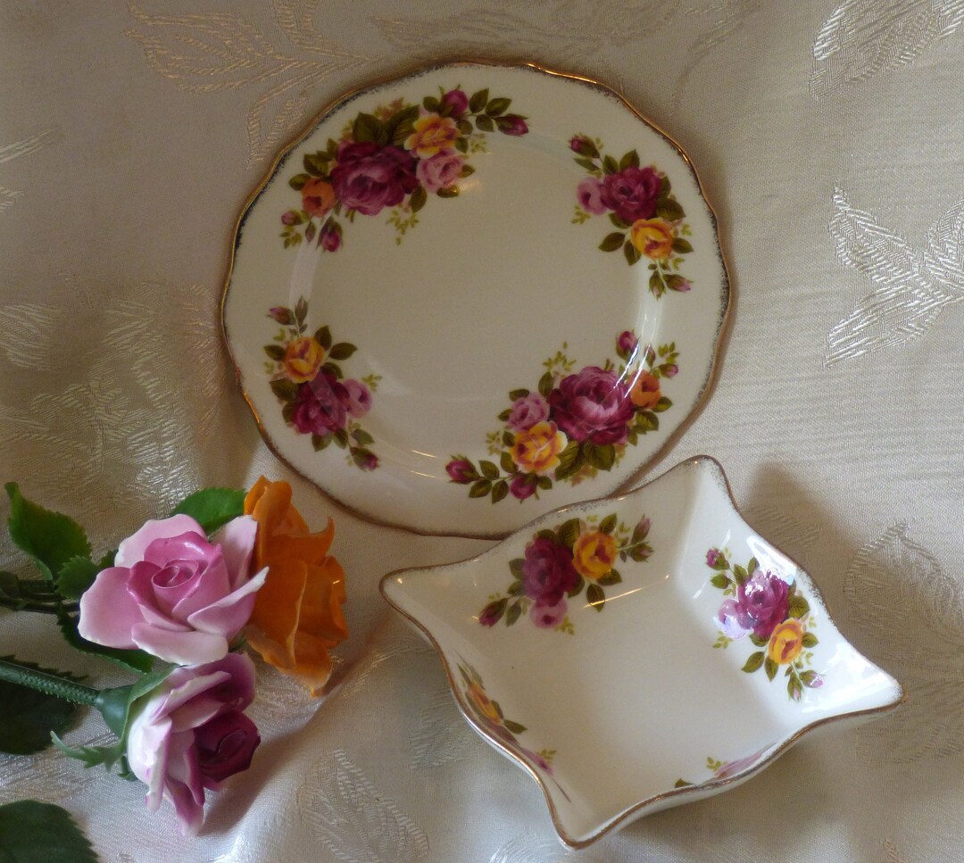 Cottage Rose Bone China - Small Plate & Square Bowl - Etsy