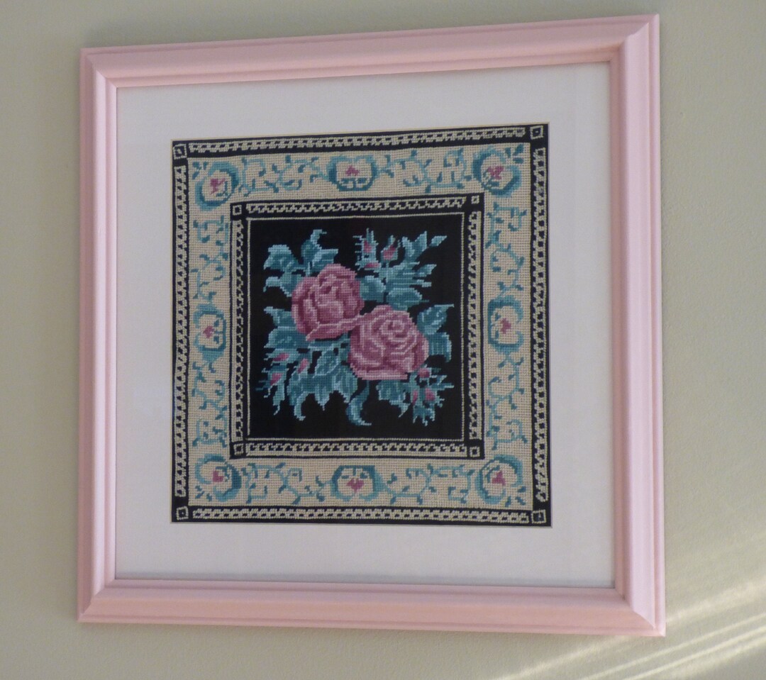 Large Rose Needlepoint - Sunset Rose Chalk Paint Wood Frame - Shabby ...