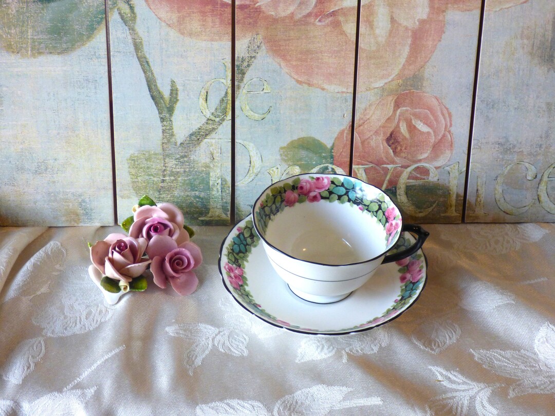 Antique Art Nouveau Chelson China - Black Rimed Tea Cup - Etsy