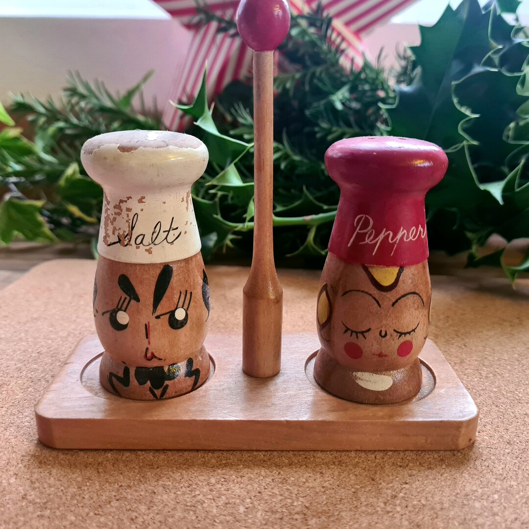 Mid Century Modern 1950s Wooden Cruet Set on Stand Male & Female Chef ...