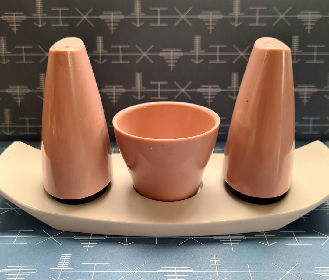 Vintage Gaydon Melmex Cruet Set~ Pink Salt,pepper, Mustard on off White ...