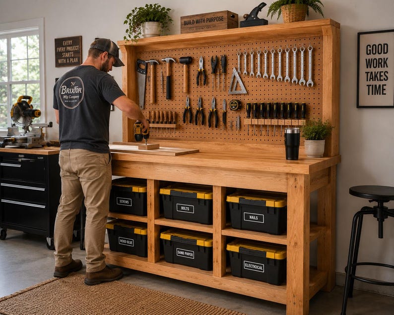 Garage Workbench Plans PDF, DIY Wood Workbench Pattern, Open Shelf ...