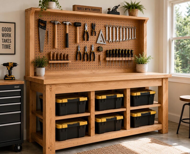 Garage Workbench Plans PDF, DIY Wood Workbench Pattern, Open Shelf ...