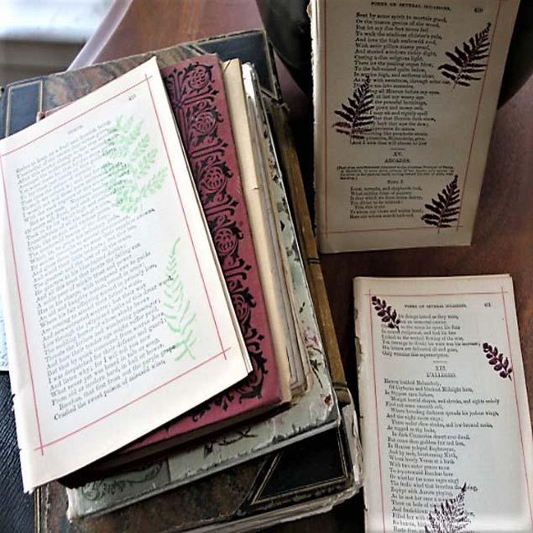 Vintage Book Pages Stamped With Fall Leaves, Junk Journal Ephemera Lot ...