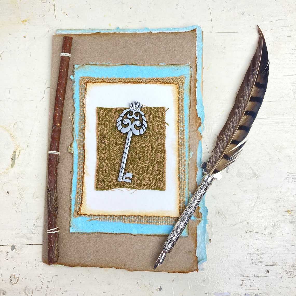 Art Journal With Handmade Paper Cover, Key Embellishment on Cover ...