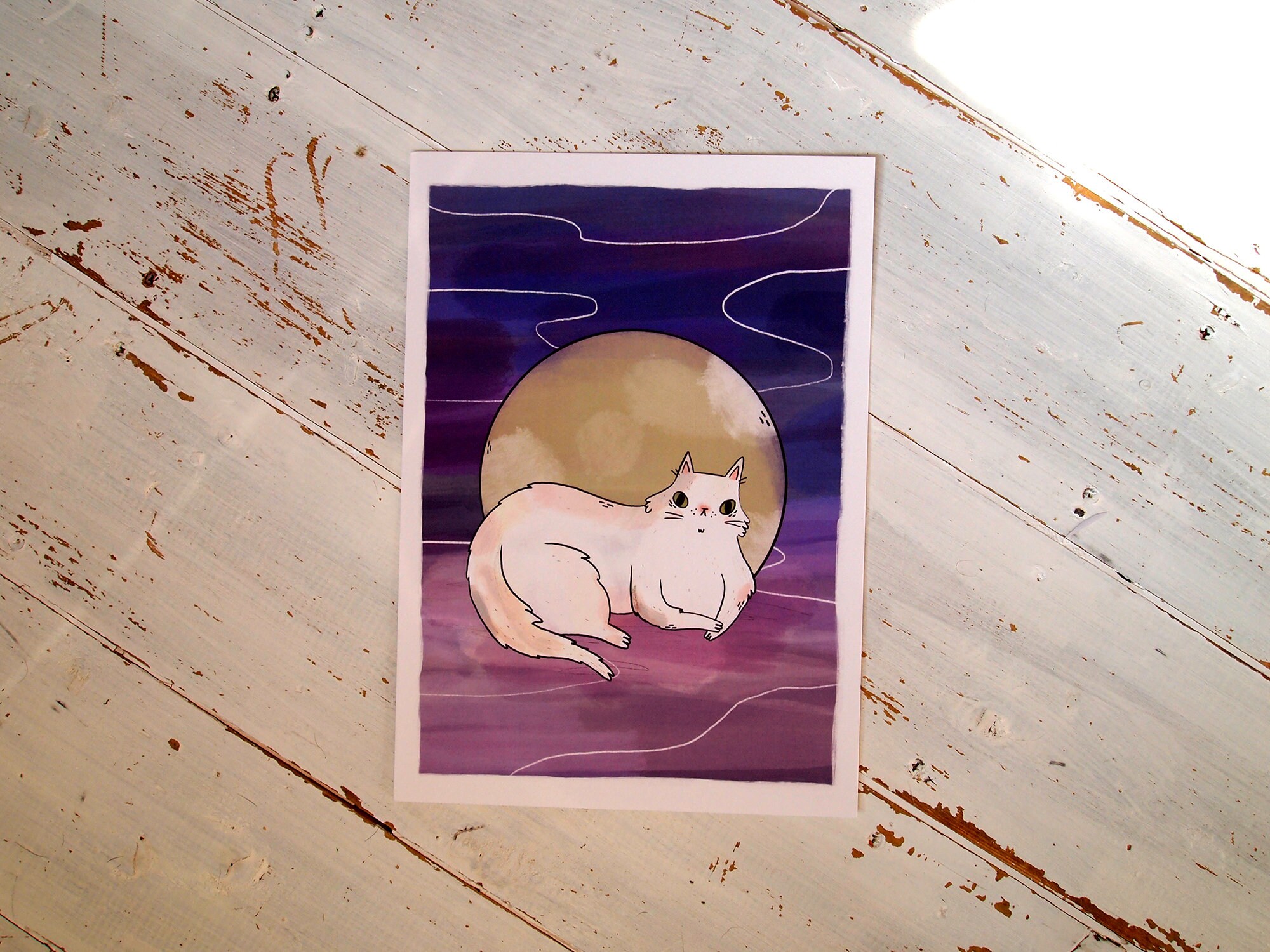 White cat and moon art print | Etsy