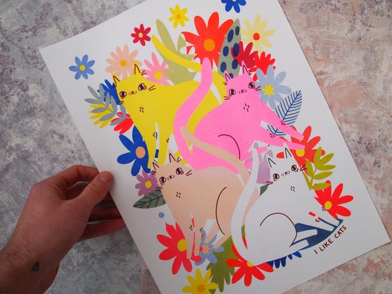 Cats and Flowers Riso Print Artwork - Etsy
