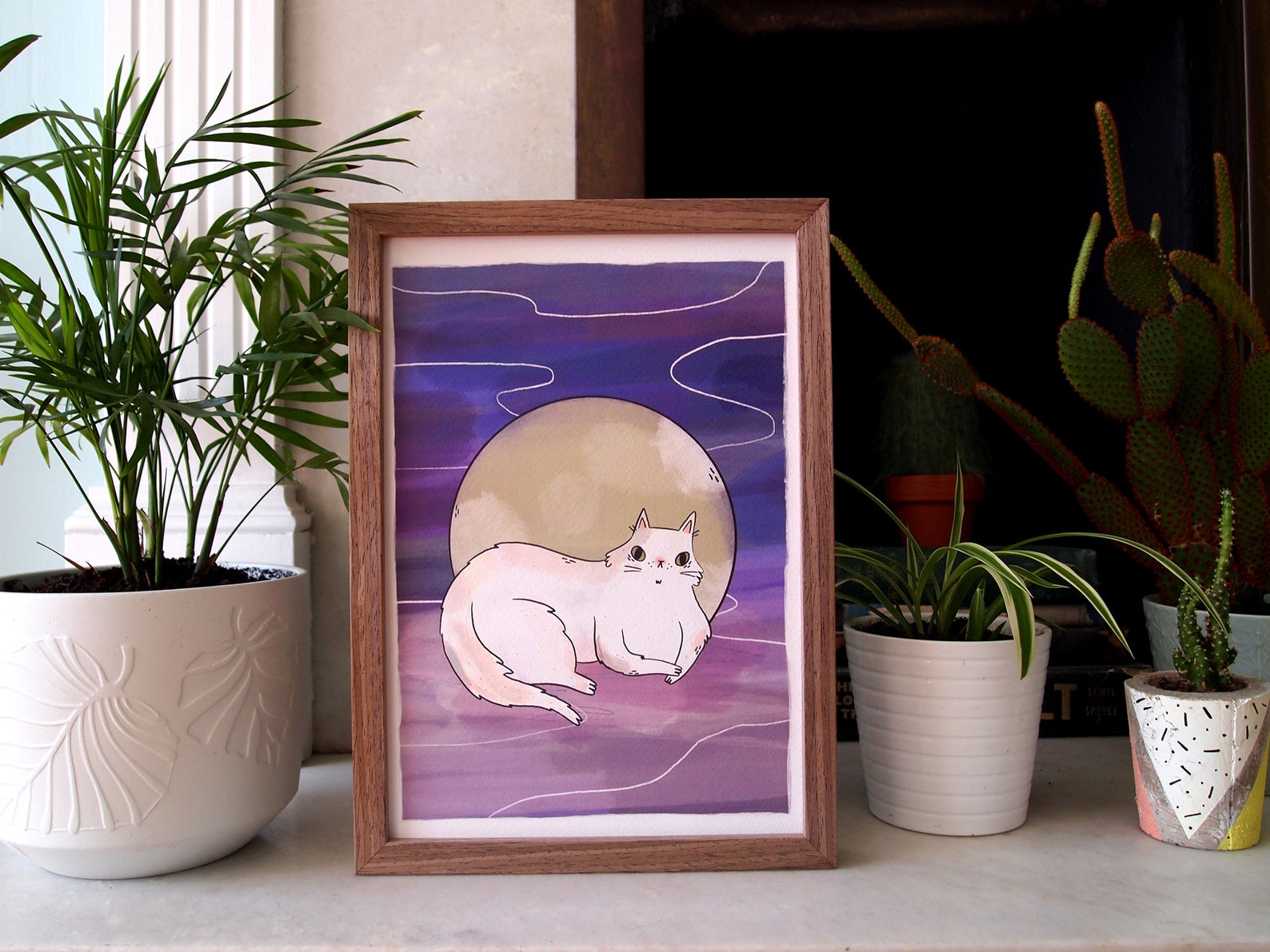 White Cat and Moon Art Print - Etsy