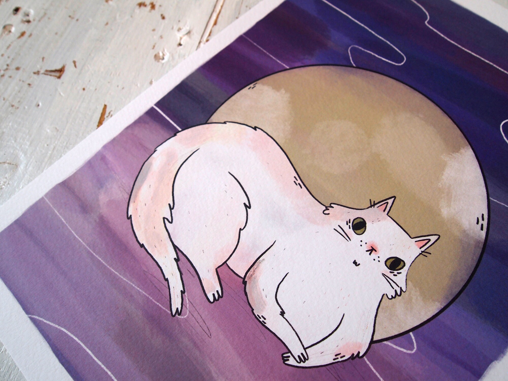 White cat and moon art print | Etsy