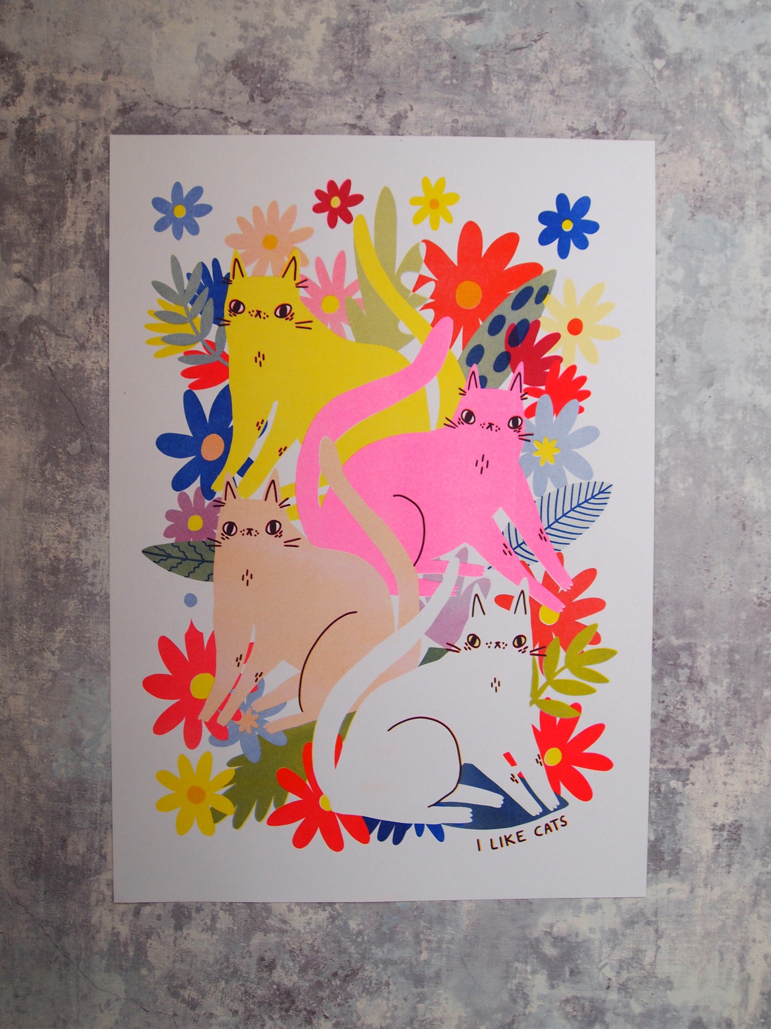 Cats and Flowers Riso Print Artwork - Etsy