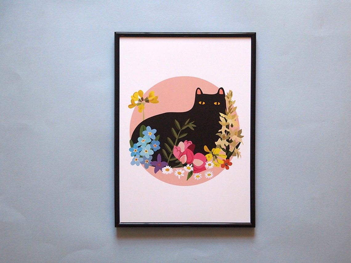 Black Cat With Flowers A4 Art Print - Etsy