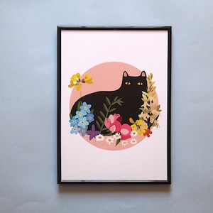 Black Cat With Flowers A4 Art Print - Etsy