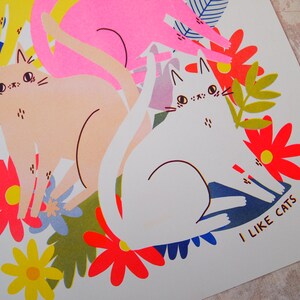Cats and Flowers Riso Print Artwork - Etsy
