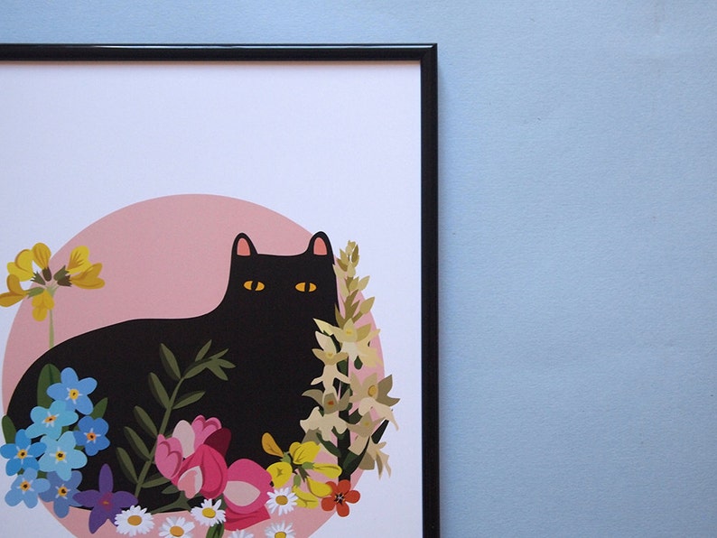 Black Cat With Flowers A4 Art Print - Etsy