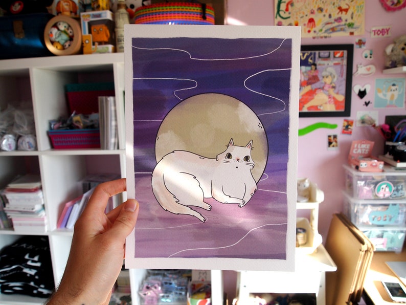 White Cat and Moon Art Print - Etsy