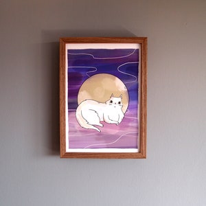 White Cat and Moon Art Print - Etsy