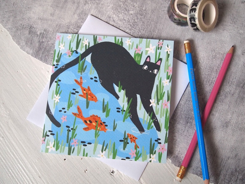 Illustrated Cat Card Black Cat - Etsy