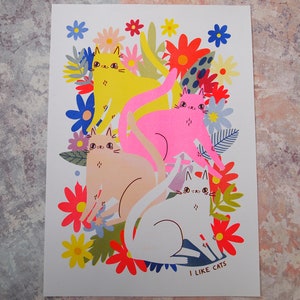 Cats and Flowers Riso Print Artwork - Etsy