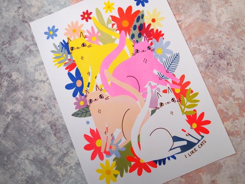 Cats and Flowers Riso Print Artwork - Etsy