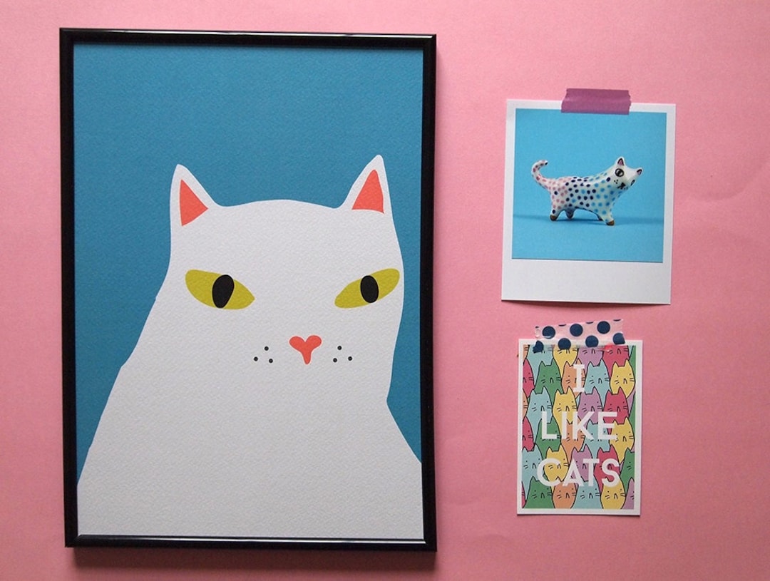 Grey Cat Art Print, Grey Cat With Blue Background, A4 Art Print, Cat ...