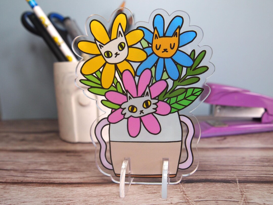 Flower Cats Acrylic Desk Pet Ornament, Cat Standee, Cat Trinket, Desk ...
