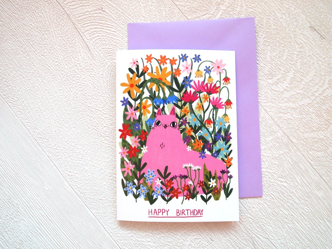 Pink Cat With Flowers Happy Birthday Card - Etsy