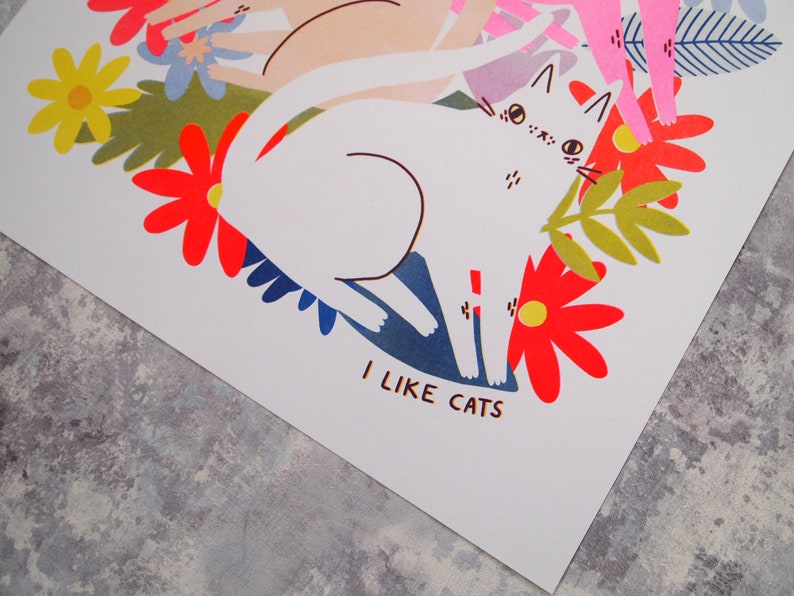 Cats and Flowers Riso Print Artwork - Etsy