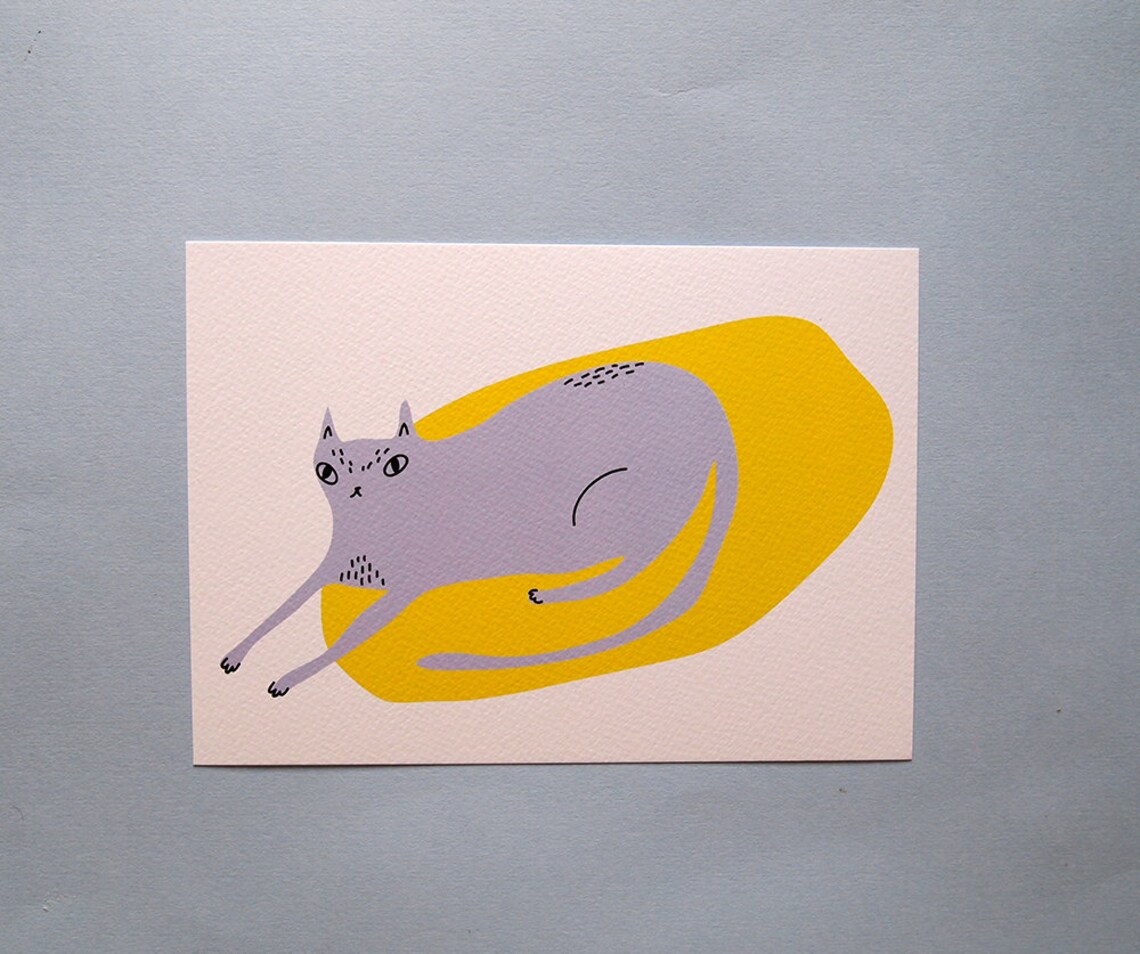Purple Cat Art Print With Yellow Background - Etsy