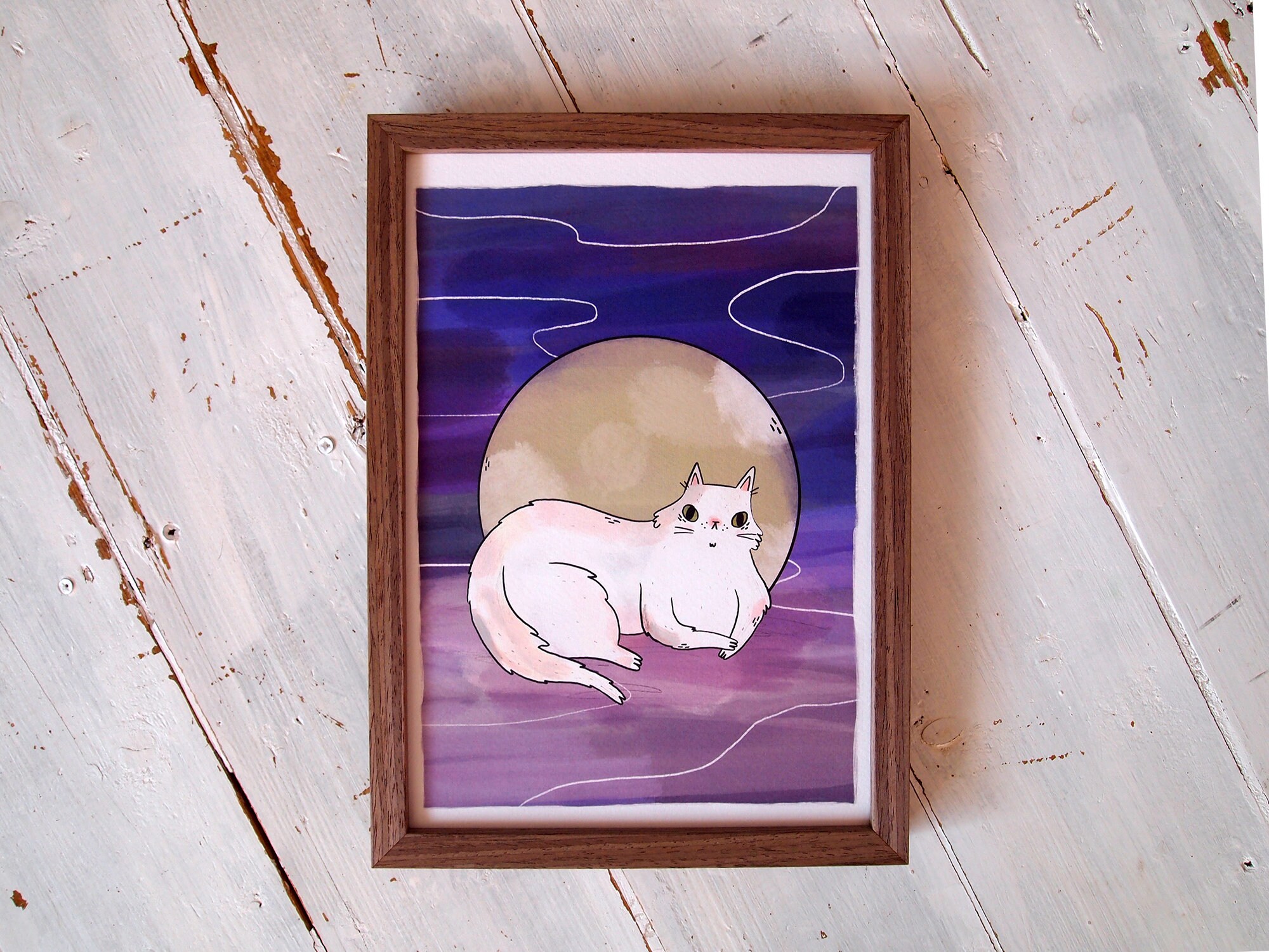 White cat and moon art print | Etsy