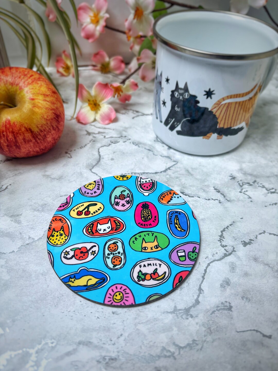 Fruity Cats Sticker Design Drinks Coaster - Fruit Stickers, Cat Lover ...