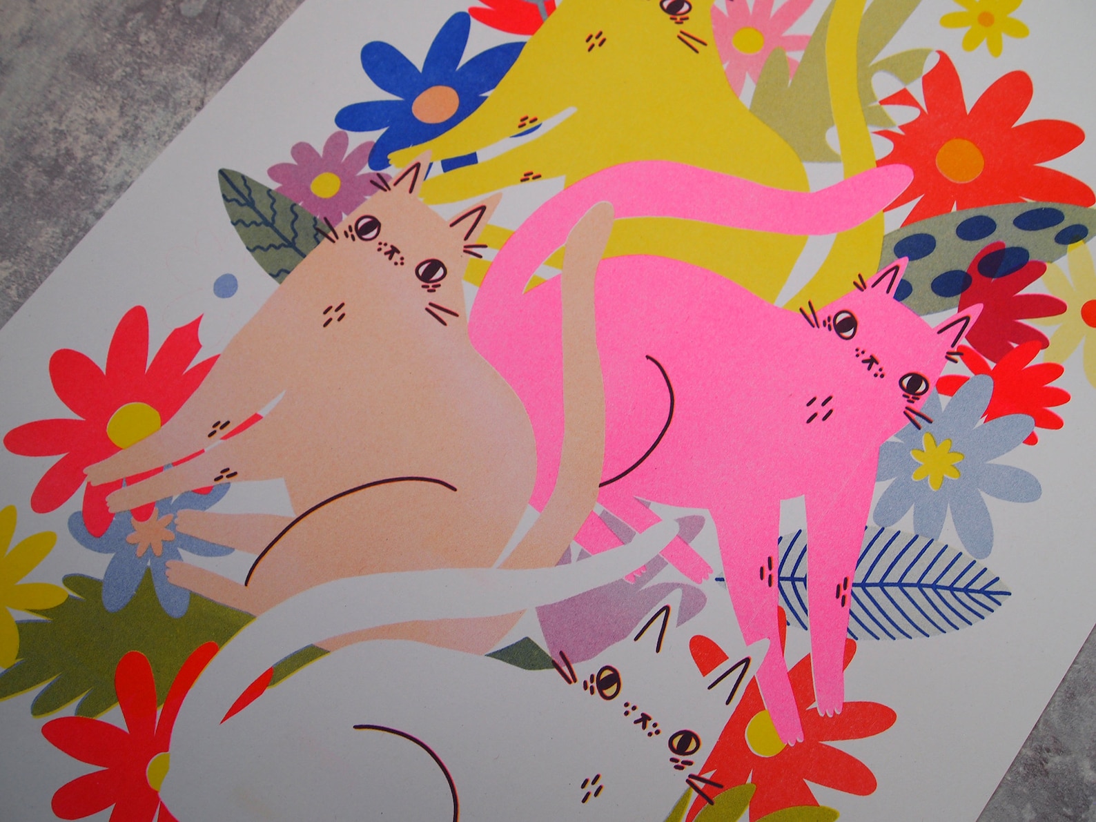 Cats and Flowers Riso Print Artwork - Etsy