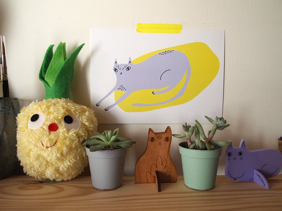 Purple Cat Art Print With Yellow Background - Etsy