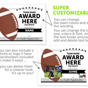 EDITABLE COLORS Football Awards Certificates | Edit Text and Colors ...