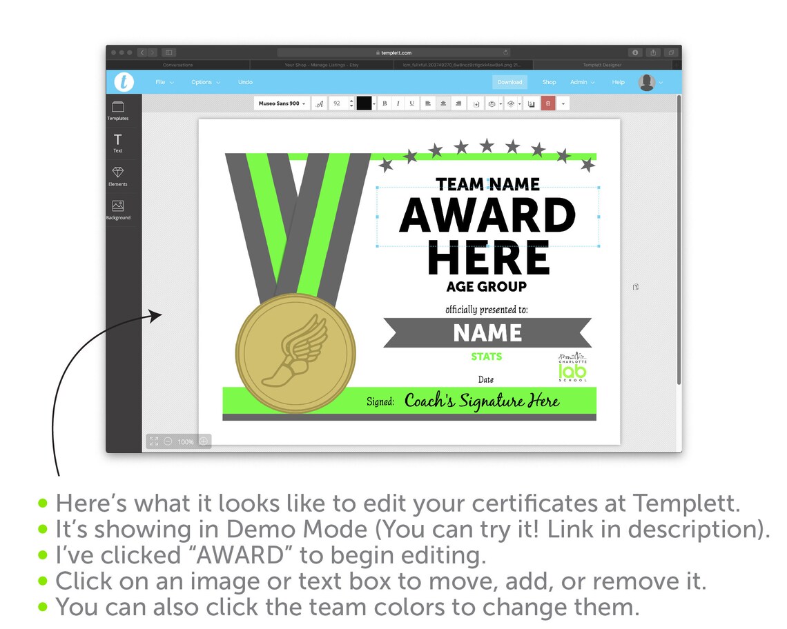 EDITABLE COLORS Track Award Certificates | Online Template | Easy ...