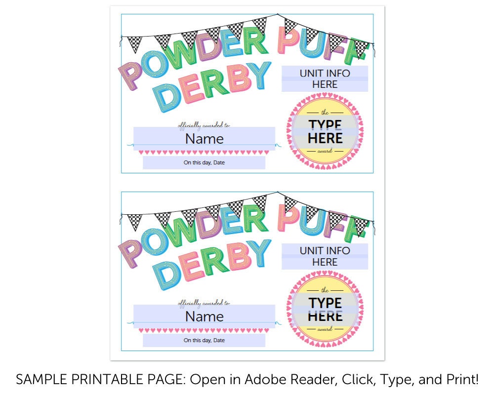 Editable Powder Puff Derby Style Award Certificates INSTANT | Etsy