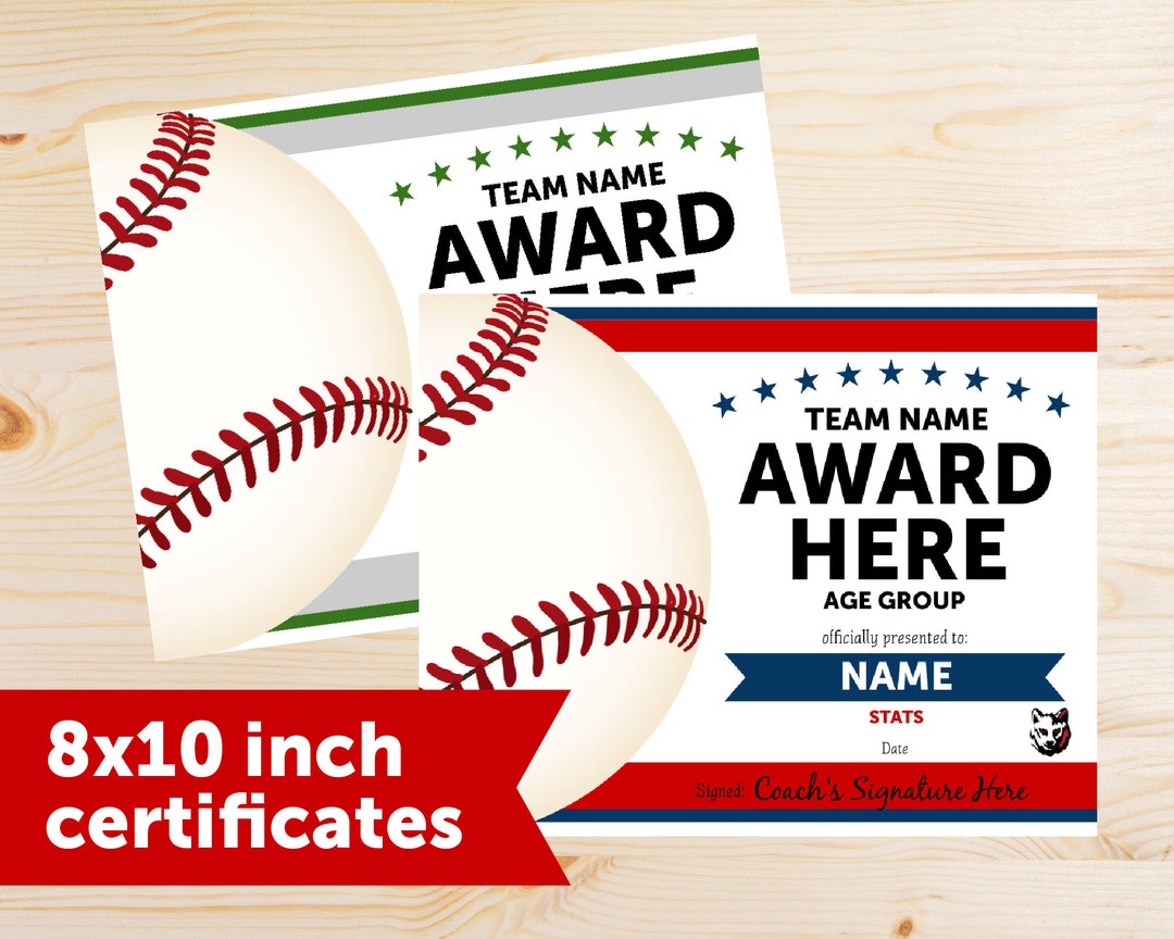 EDITABLE COLORS Baseball Award Certificates | Online Template | 8x10 in ...