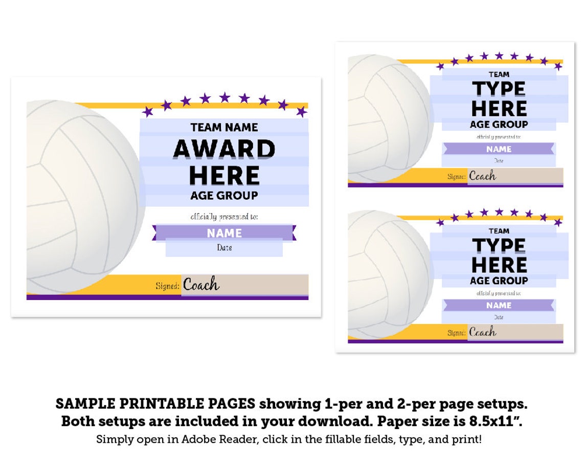 Editable Volleyball Award Certificates - INSTANT DOWNLOAD PRINTABLE ...