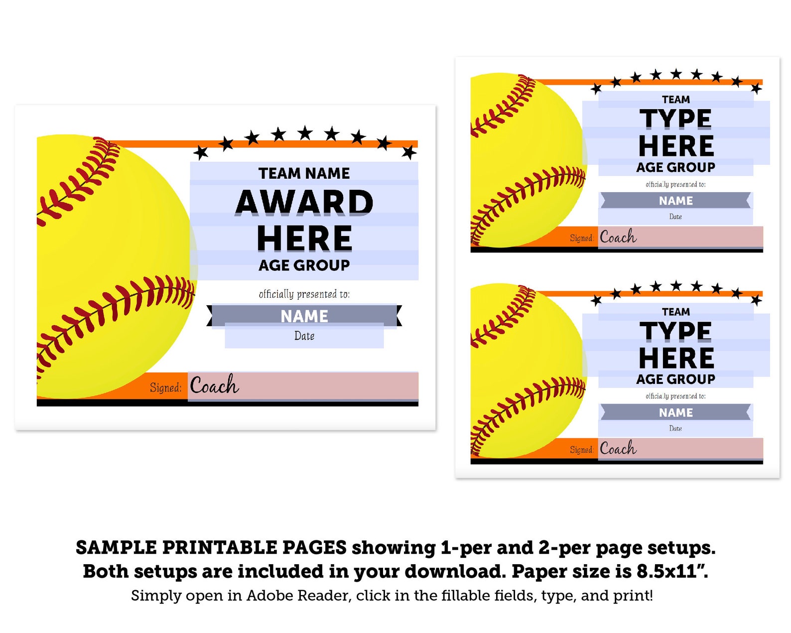 Editable Softball Award Certificates INSTANT DOWNLOAD | Etsy